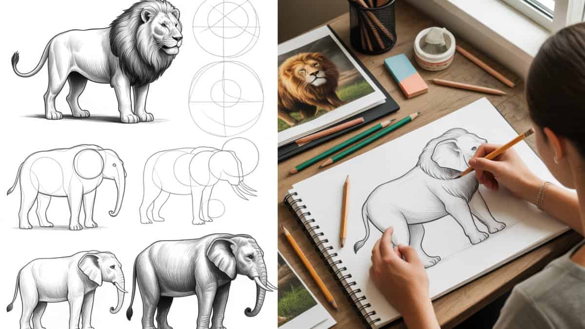 Leeuw en olifant tekenen: grote dieren voor beginners